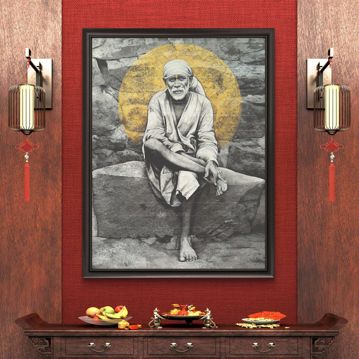 Shirdi Sai Baba Photo Sitting On Stone Hand Painting Canvas Reprint Wa ...