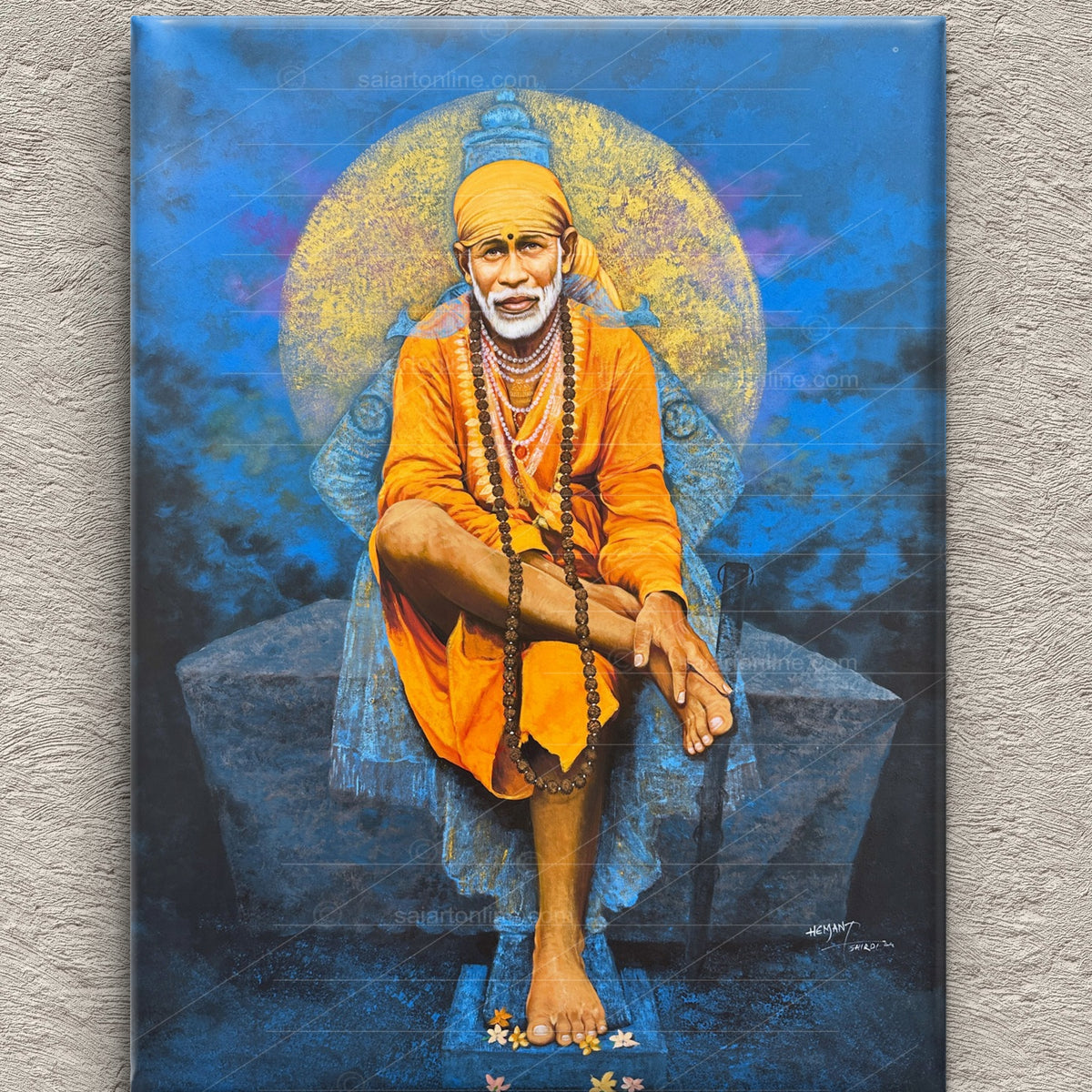 Shirdi Sai Baba Photo Sitting On Stone Hand Painting Canvas Reprint Wa ...